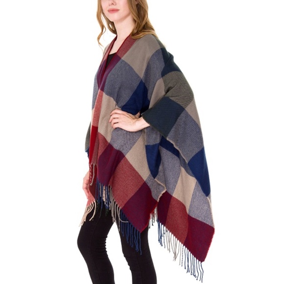 Sweaters | Boho Plaid Fringe Ruana Poncho Wrap Red Navy | Poshmark